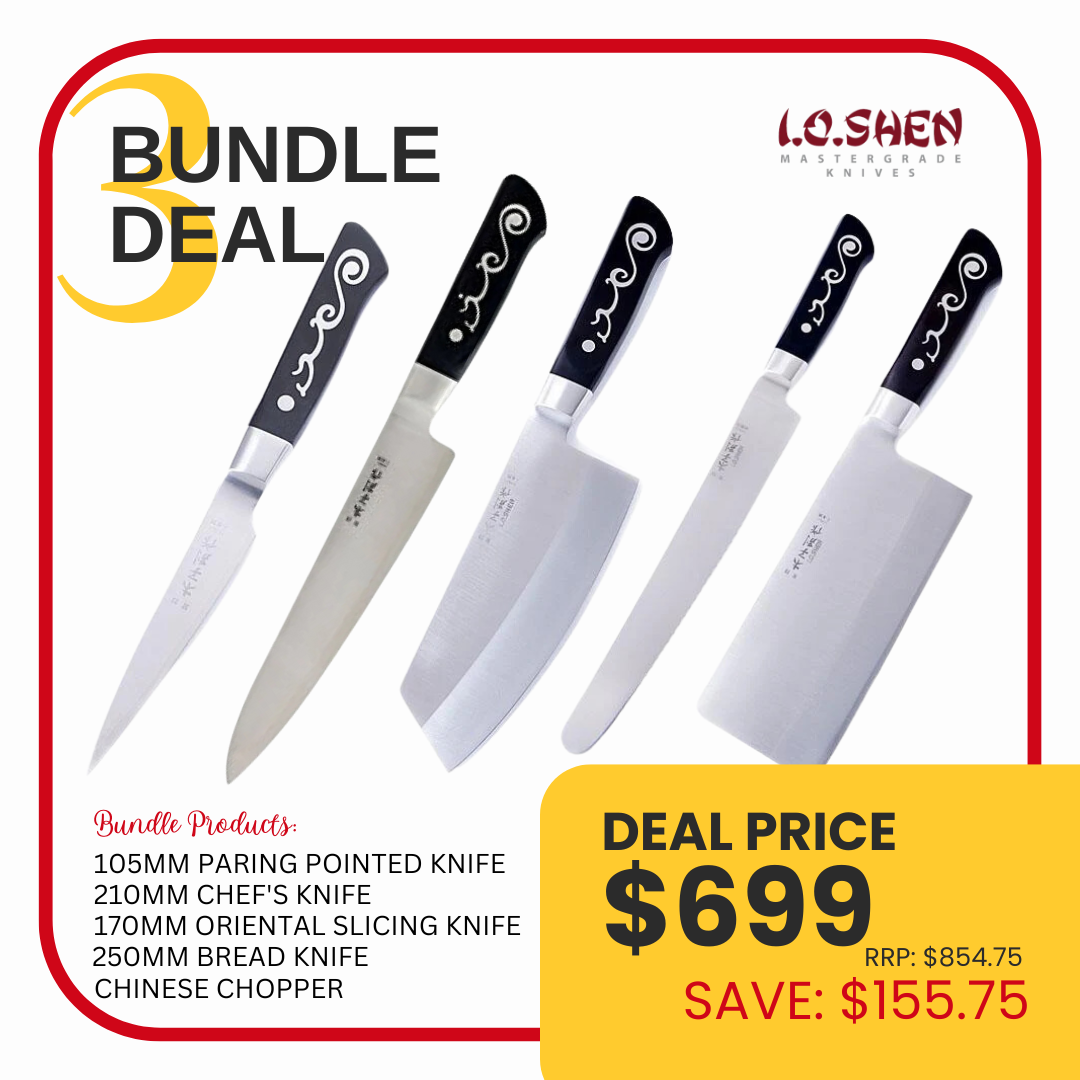 I.O. Shen Bundle 3 – 5 Knives: 4" Paring, 6" Slicer, 8" Chef’s, 10" Br ...